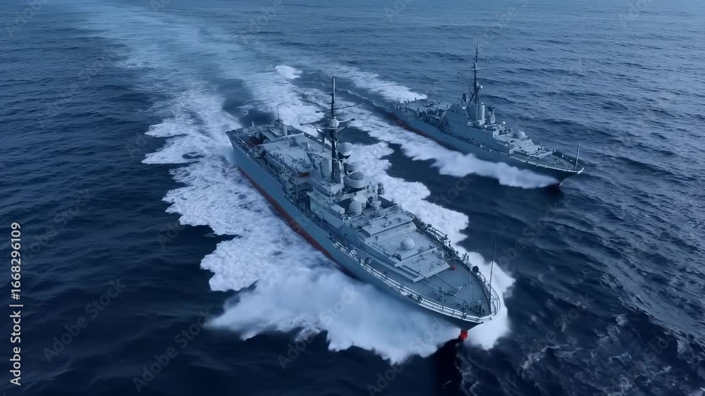 High-speed military warships executing precision naval formation across ...
