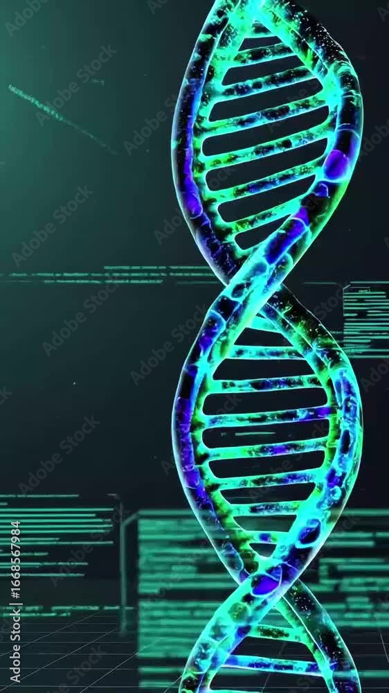 DNA strand rotating with digital overlays of code and biometric data ...