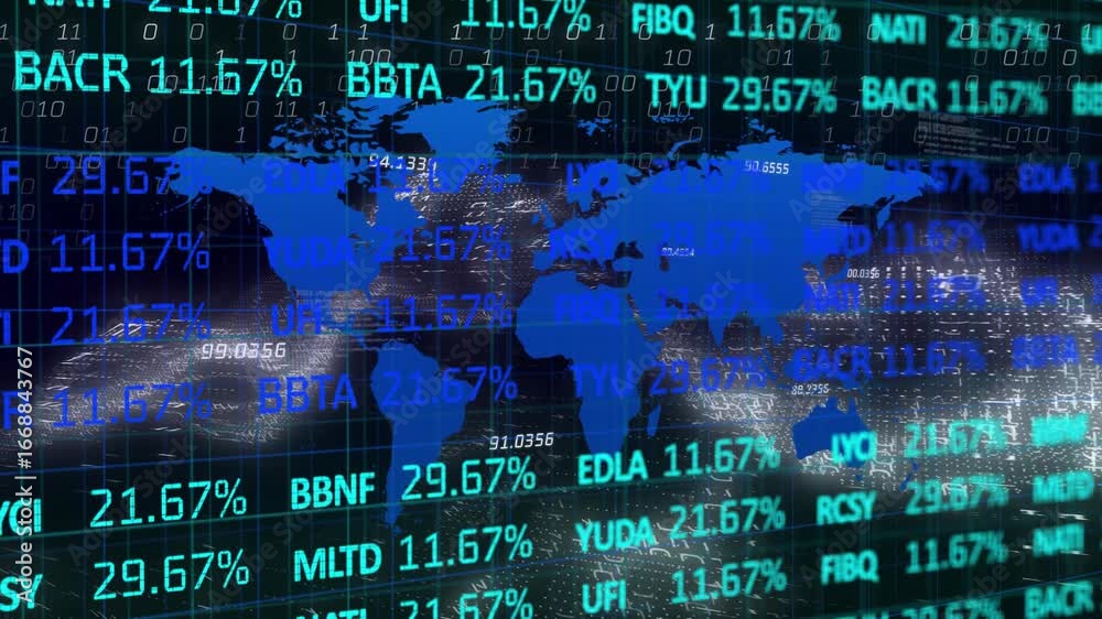 Bright blue digital world map reacting to data feed shifting ticker ...