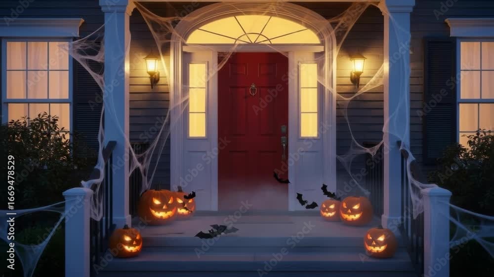 Vidéo Stock Decorated front porch with carved pumpkins and flying bats ...