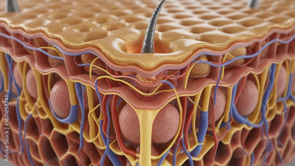 3D animation of skin anatomy showing hair follicle sebaceous gland ...