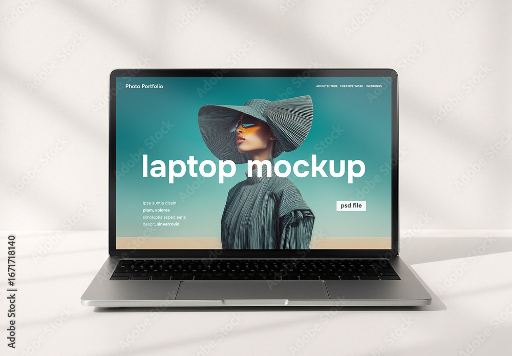 Front view laptop mockup in bright room Stock Template | Adobe Stock