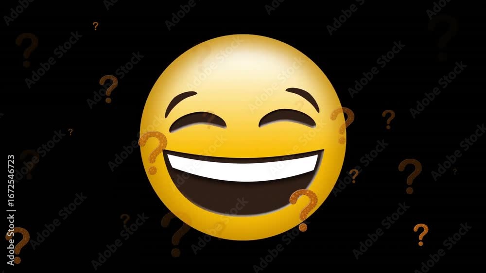 Animation of laughing emoji icon with question marks on black ...