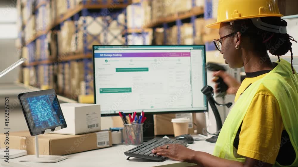 Black warehouse worker managing inventory logistics with AI virtual ...