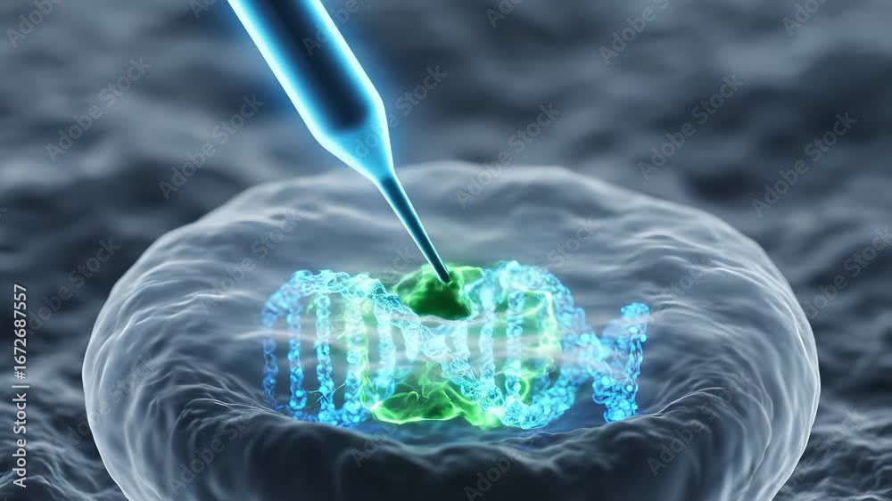Micropipette delivering reagent into a living cell with glowing DNA ...
