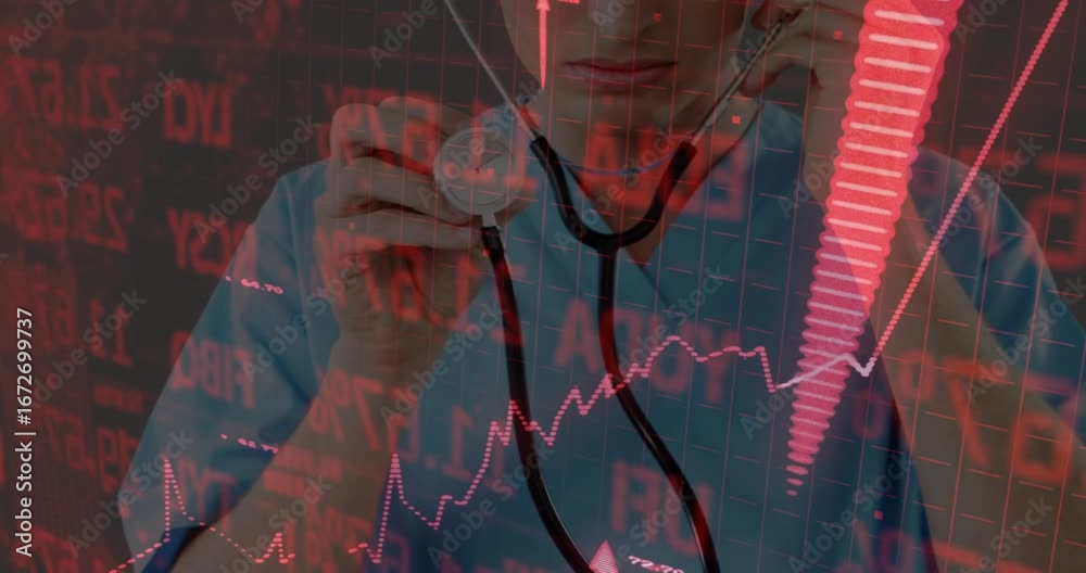 Placing handset in ear and lifting stethoscope doctor producing red ...