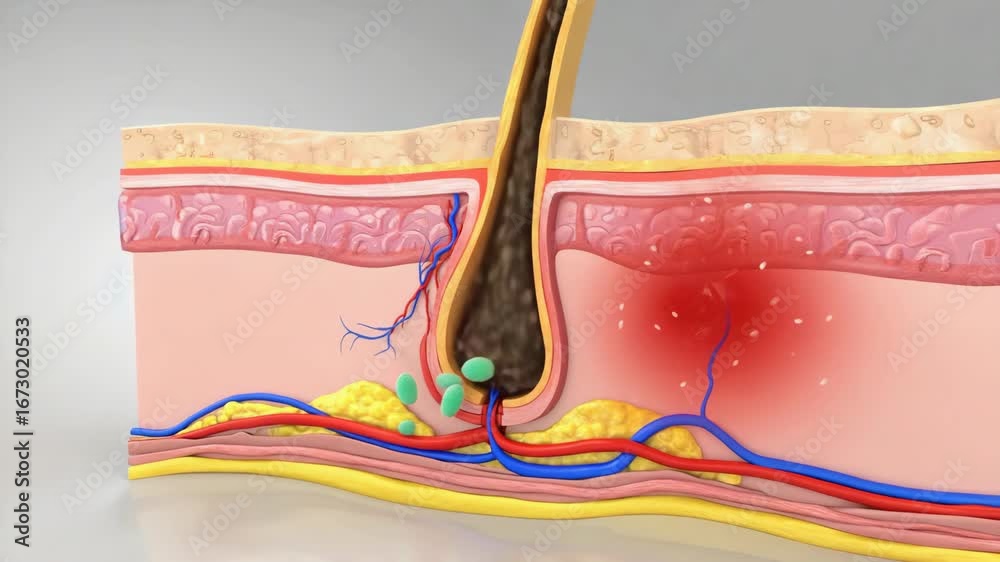 Detailed 3D medical illustration of inflamed hair follicle with skin ...