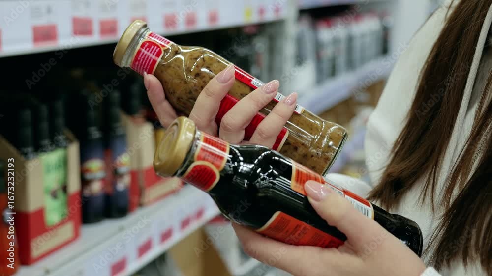 Young woman is comparing two bottles of sauce while shopping in a ...
