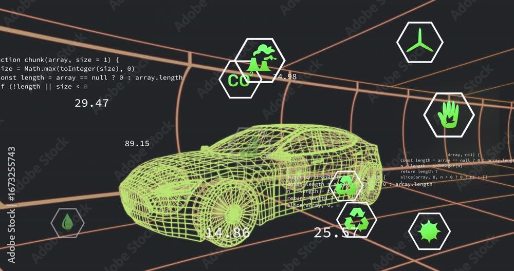 Animation of digital icons and data processing over 3d car model ...