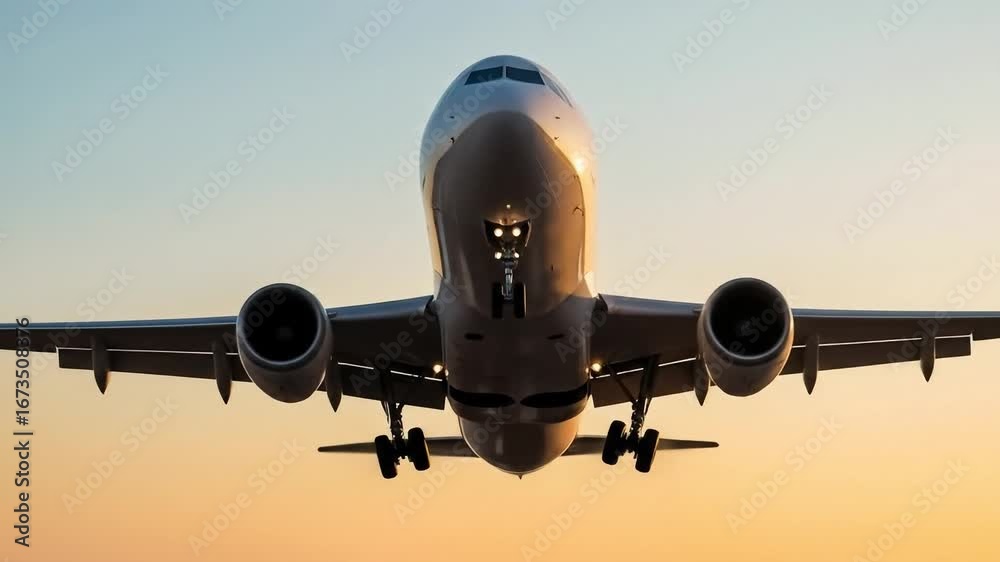 Passenger airplane taking off from runway at sunrise with powerful jet ...