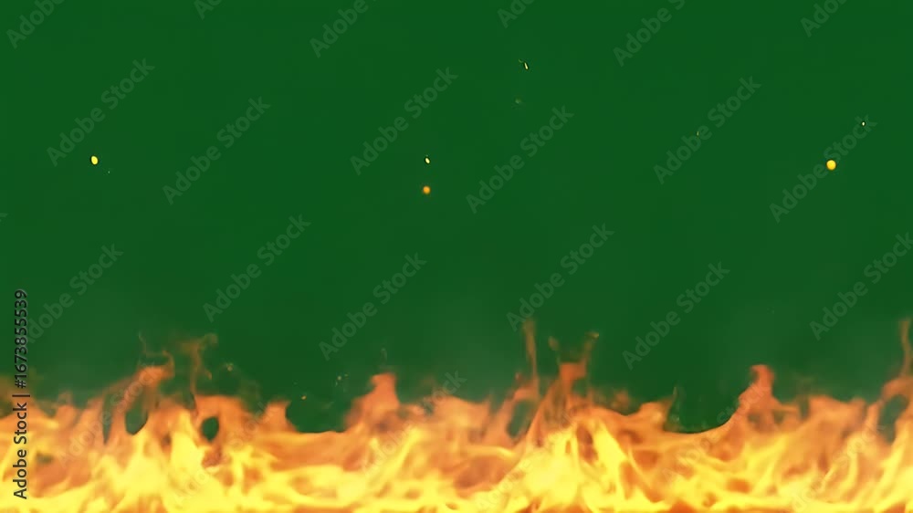 Realistic fire flames with rising embers on green screen background ...