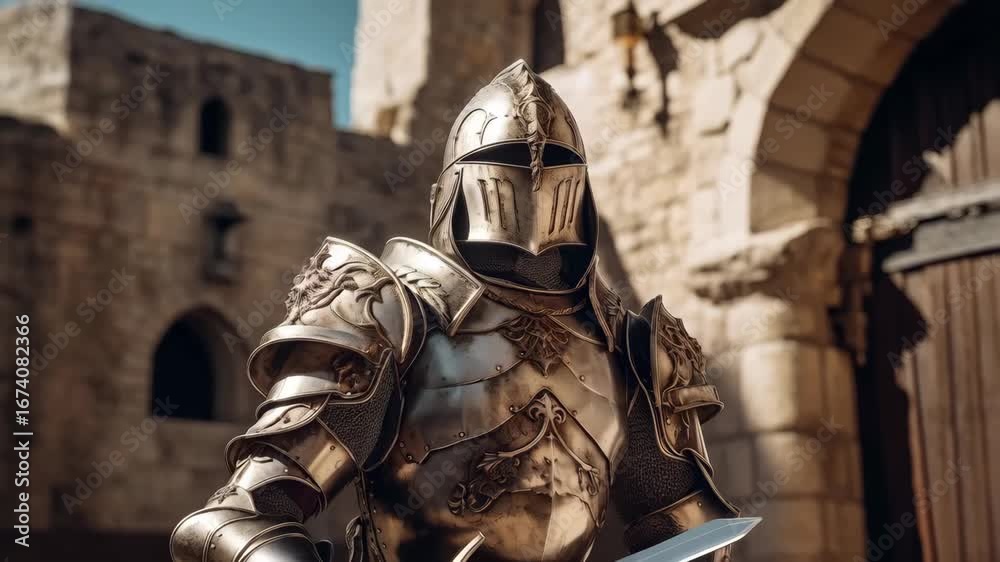 Medieval knight in full armor standing in a historic castle courtyard ...