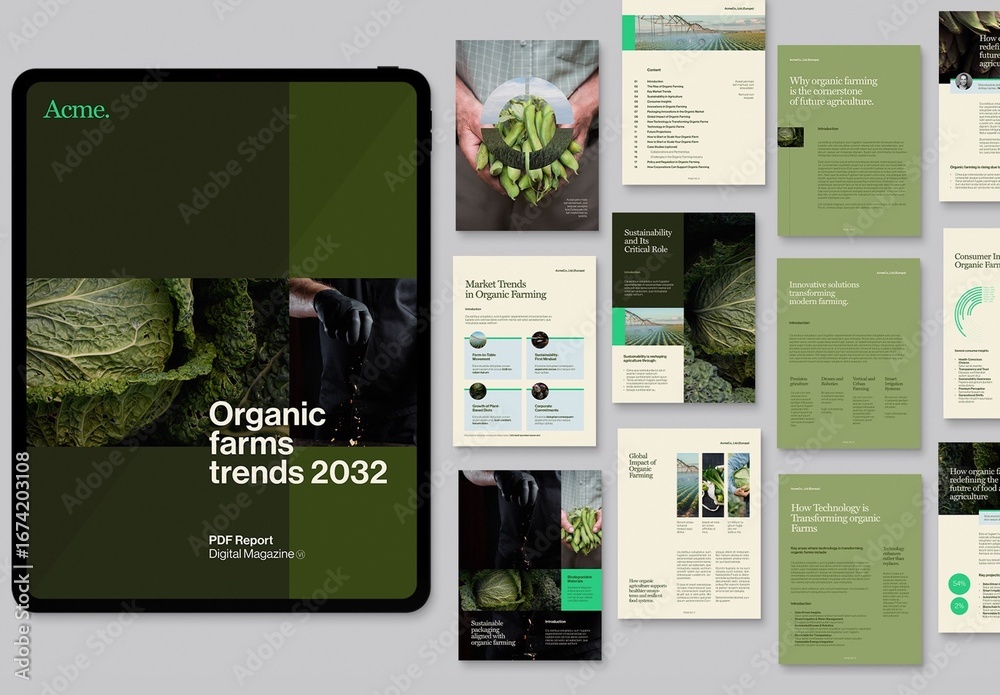 Organic Theme Brochure Template & Digital Magazine Layout for Green ...