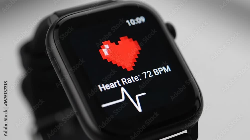 Smartwatch Displaying Heart Rate - Close-up of a black smartwatch ...