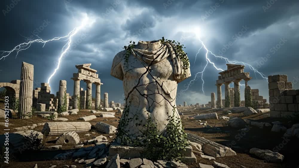 Ancient Greek Ruins with Headless Statue and Storm - A headless ancient ...