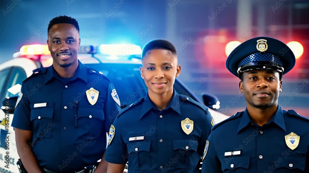 Three police officers posing for photo with a police car. Men and women ...