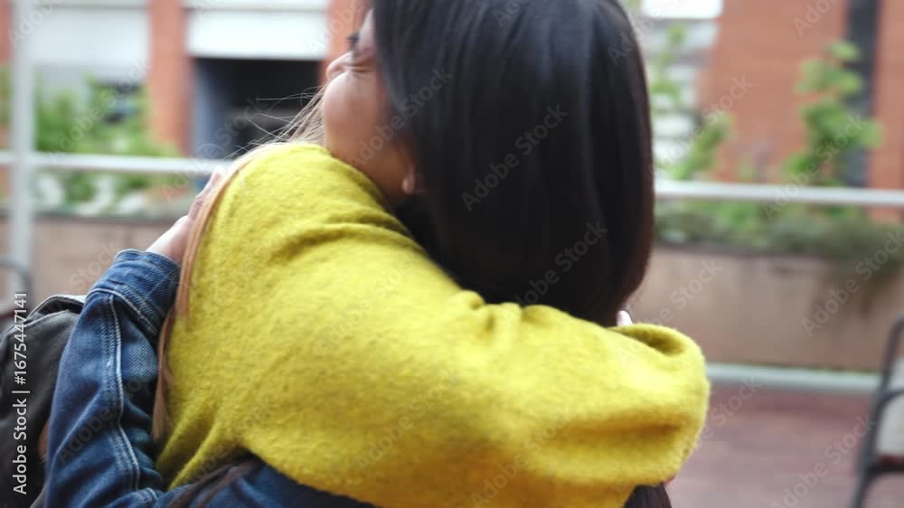 Two University Student girls hugging and embracing celebrating end of ...
