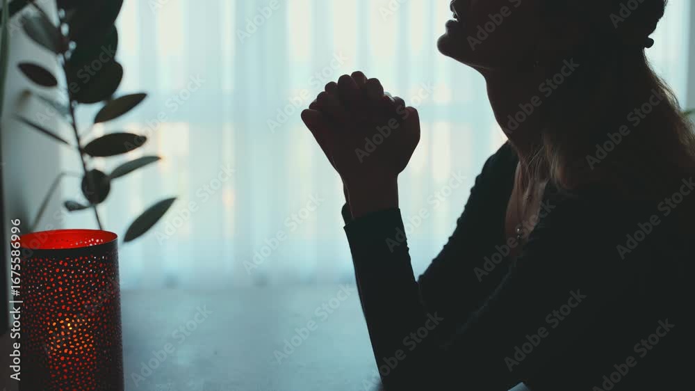 Portrait adult woman praying whispers words of gratitude, hands folded ...
