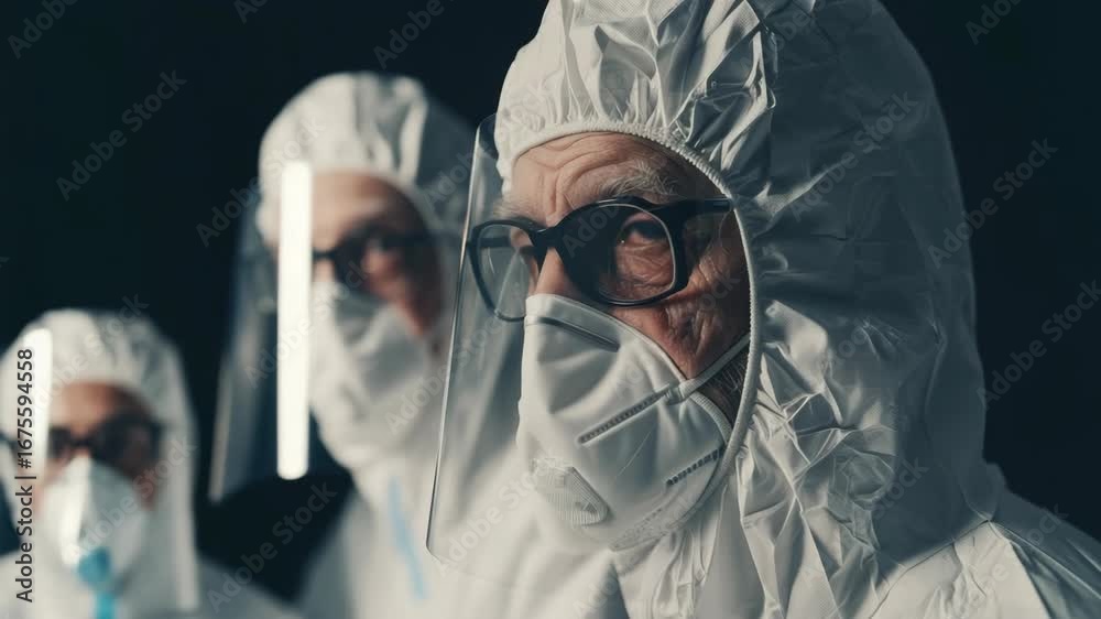 Two individuals wearing full biohazard suits including masks and ...