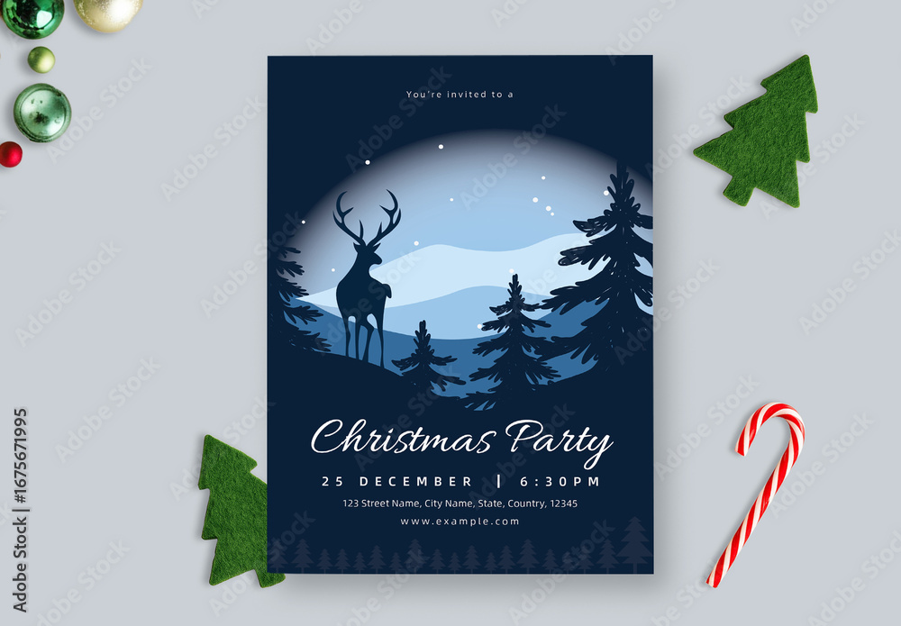 Minimal Christmas Party Invitation Card Design with Illustration Stock ...