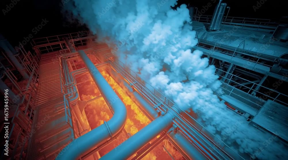 Thermal infrared view of a cooling tower system showing white-hot ...