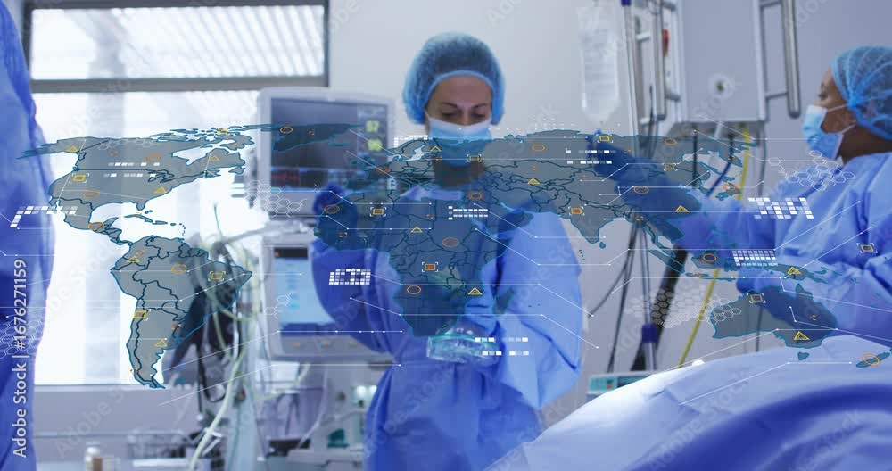 doctor adjusting monitor and initiating global health map while nurses ...