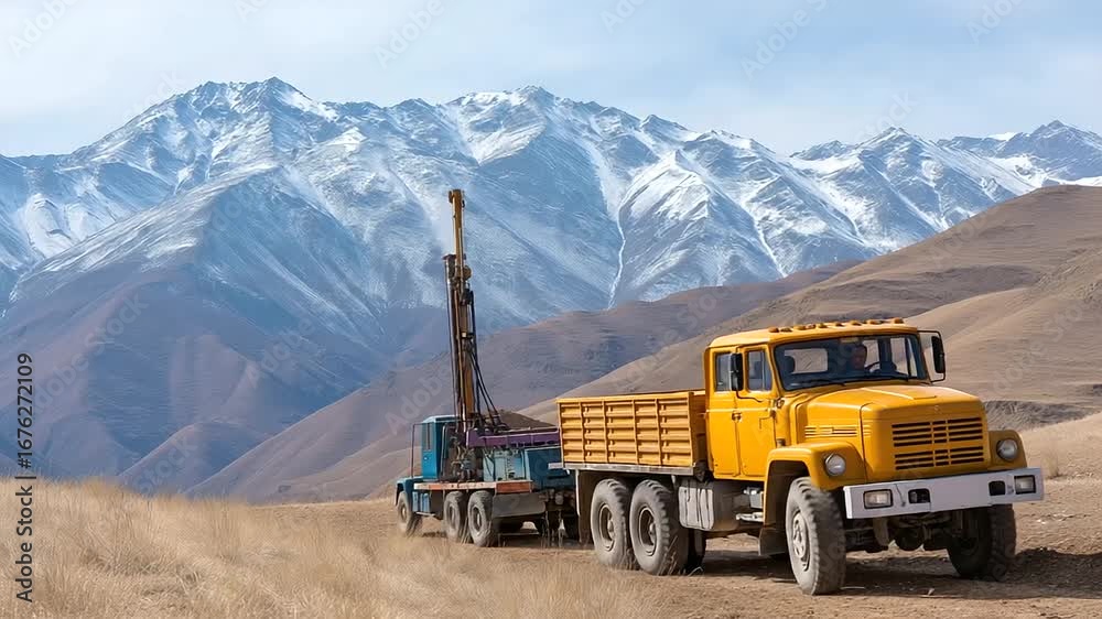Offshore rig setting with Drilling a water well amidst rugged mountain ...