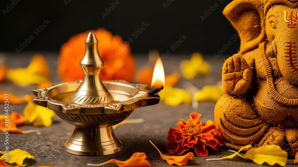 Eco Friendly Hindu God Ganesha Ji Idol with Lit Diya Lamp and Flowers ...