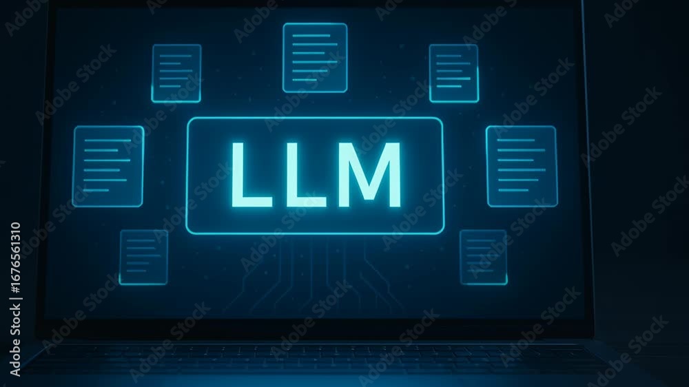 LLM, AI large language model. LLM laptop screen neon blue glow code ...