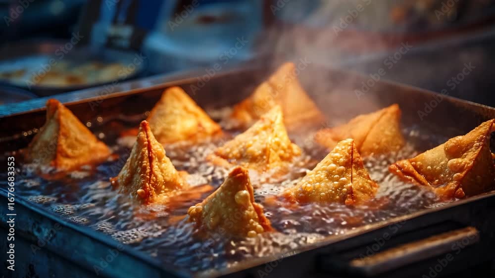 Golden samosas sizzling in bubbling hot oil, crispy edges forming as ...