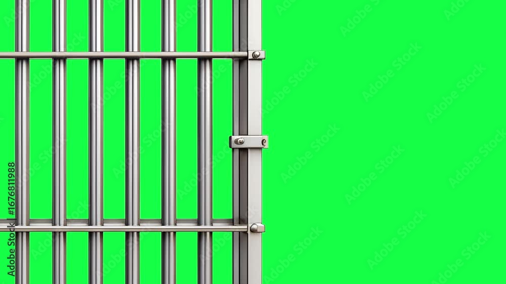A static camera closeup of a heavy welded iron jail cell door, jail ...