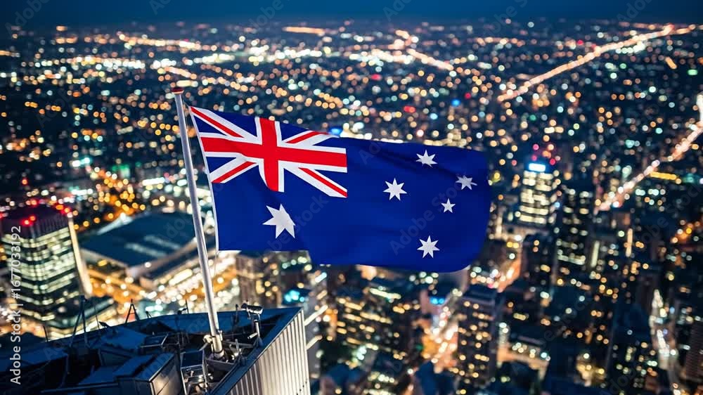 The Australian flag waving proudly on a skyscraper rooftop with a city ...