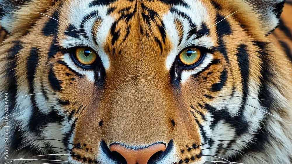 Close-up of tiger face with green eyes looking at camera. Concept of ...