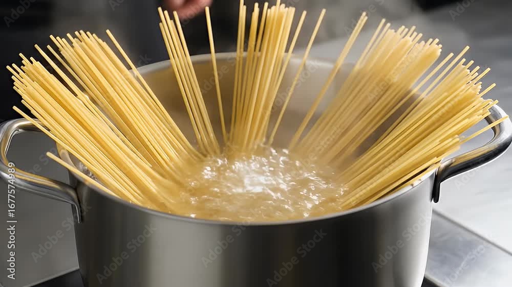 Uncooked spaghetti pasta cooking in a stainless steel pot of boiling ...