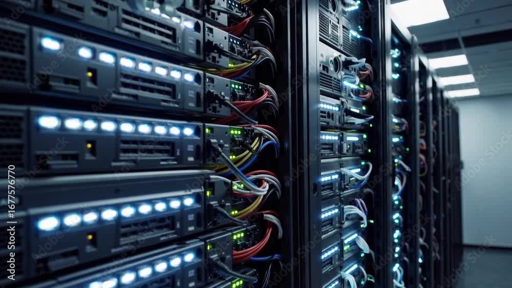 Computer Server Rack and Multiple Redundant Array of Independent Disks Storage Units Illuminated ...