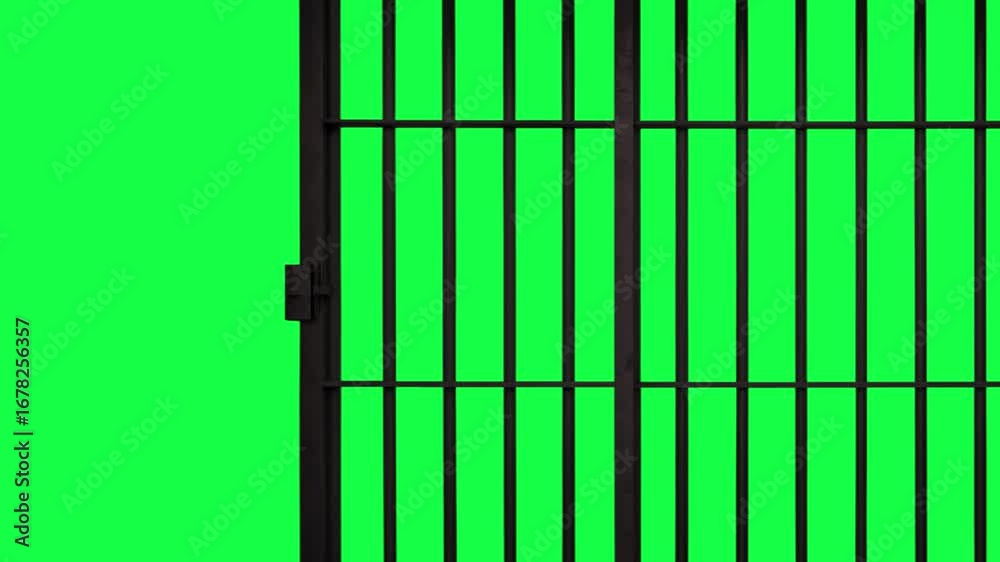 3d rendered animation of opening jail door on green screen, jail bars ...