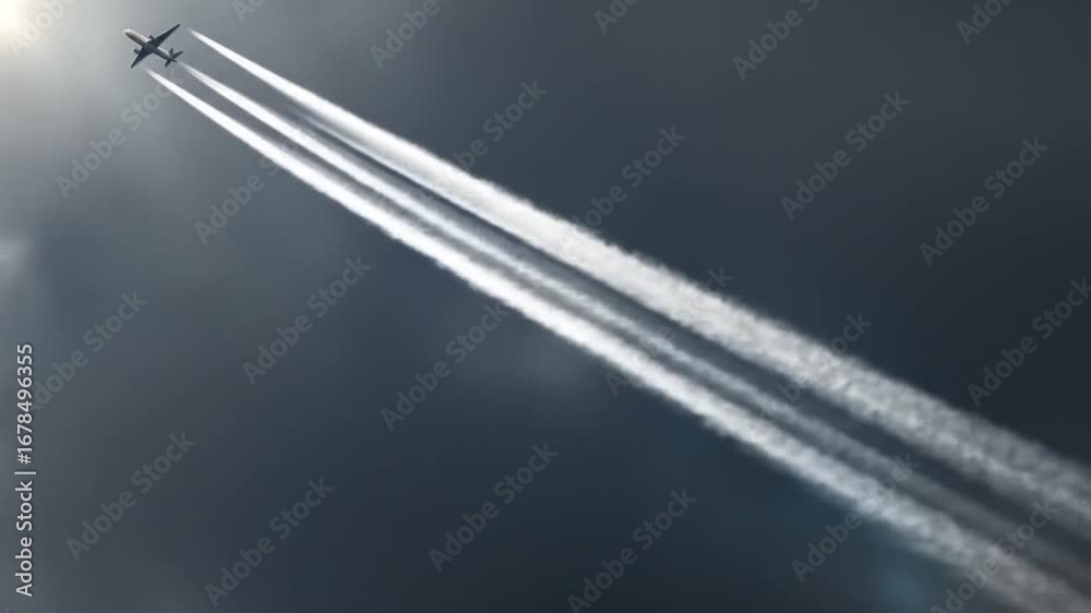 Airplane in flight with vapor trails across a muted sky air ...