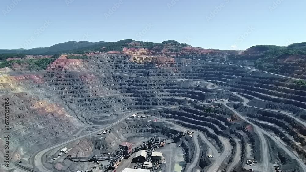 Expansive Open Pit Gold Mine Aerial View Featuring Terraced Earth and ...