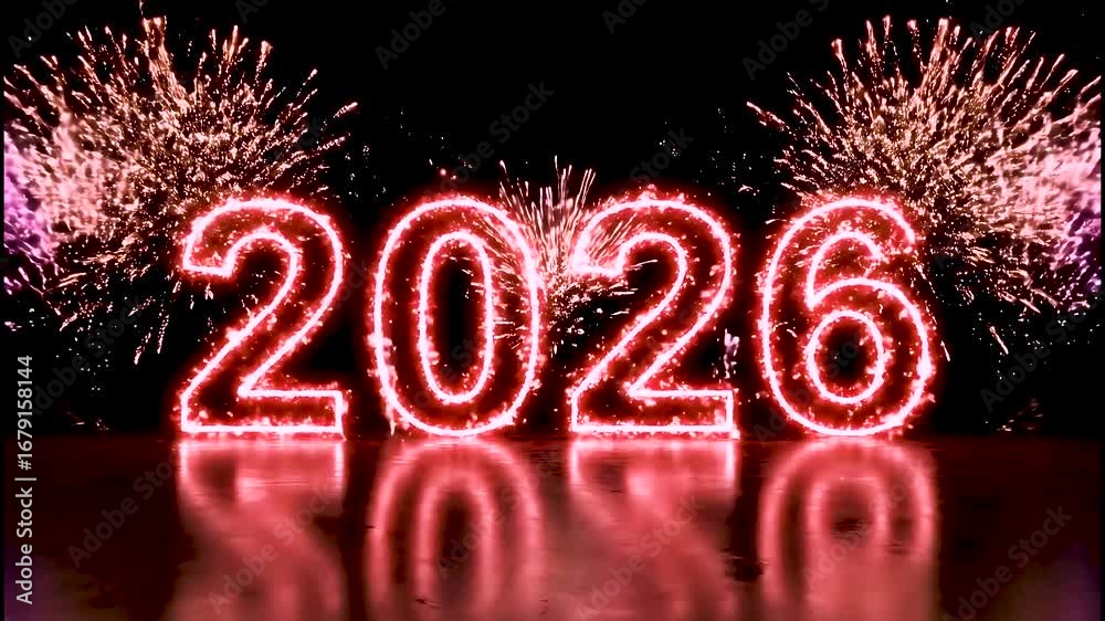 2026 New Year 4k Video animation Fireworks display behind glowing year ...