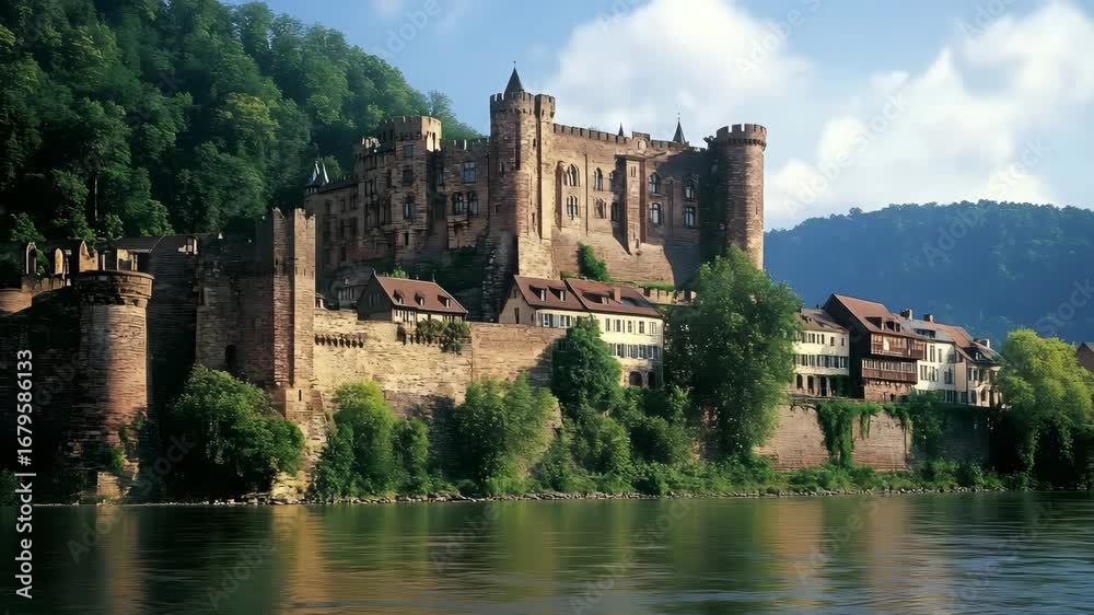Heidelberg Castle overlooking the Neckar River with old town rooftops ...