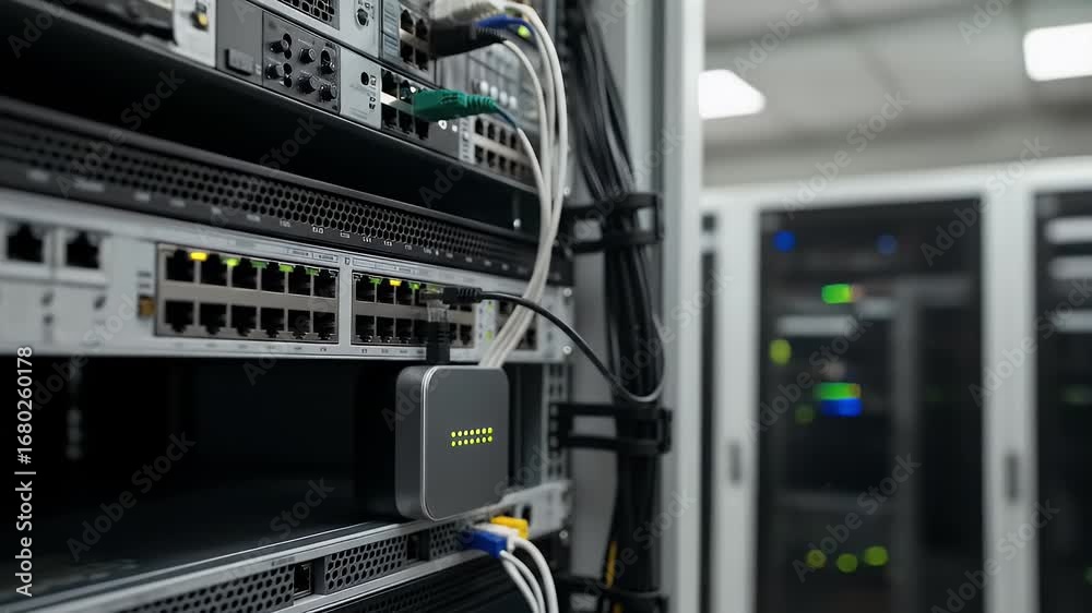 Modern Data Center Server Rack with Active Network Switch and Blinking ...