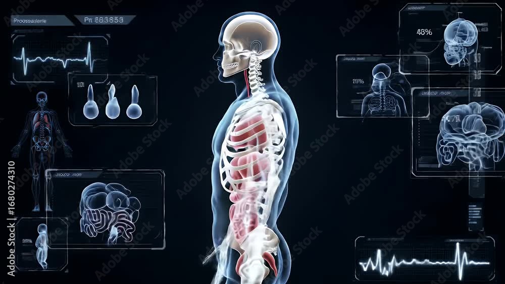 Detailed Human Skeleton Anatomy with Internal Organs Highlighted on ...