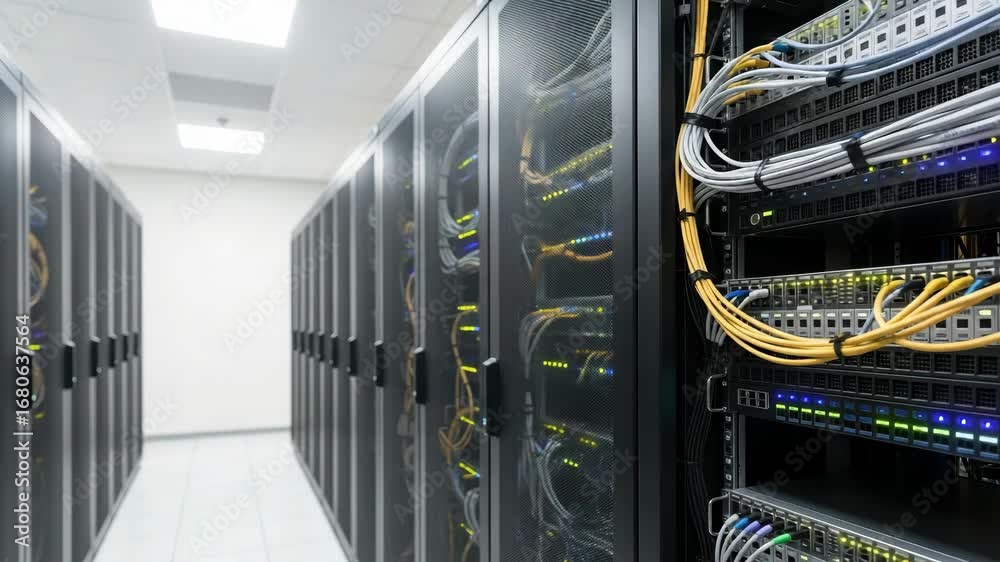 Data center setup with server racks in corridor, power cables and ...