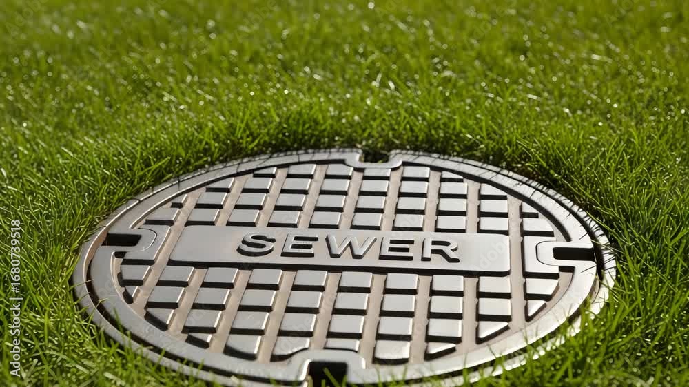 Circle metal sewer manhole cover with textured surface on an green lawn ...