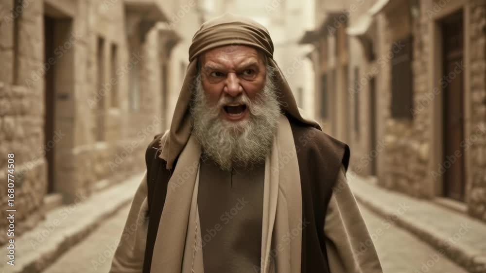An angry old man in ancient attire raises a stone to cast it, depicting ...