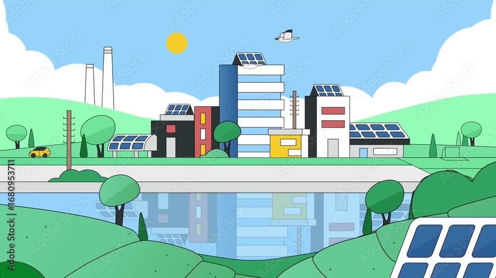 Eco friendly smart city animation with solar panels, green energy and ...