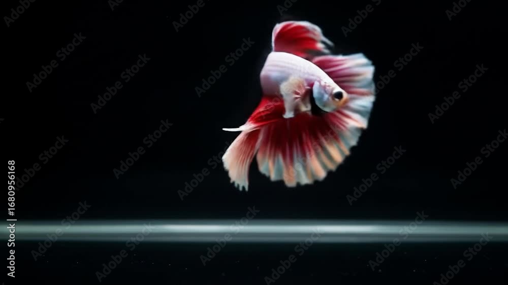 Vibrant Red and White Betta Fish Swimming Gracefully in Dark Water ...