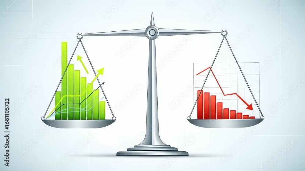 A balance scale with a bar chart showing growth on one side and decline ...