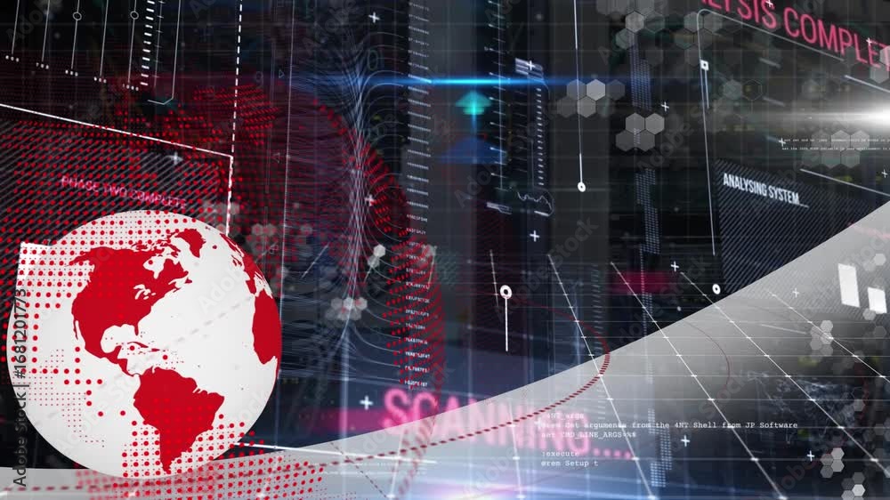 Animation of infographic interface with rotating globe and computer programming language Stock ...