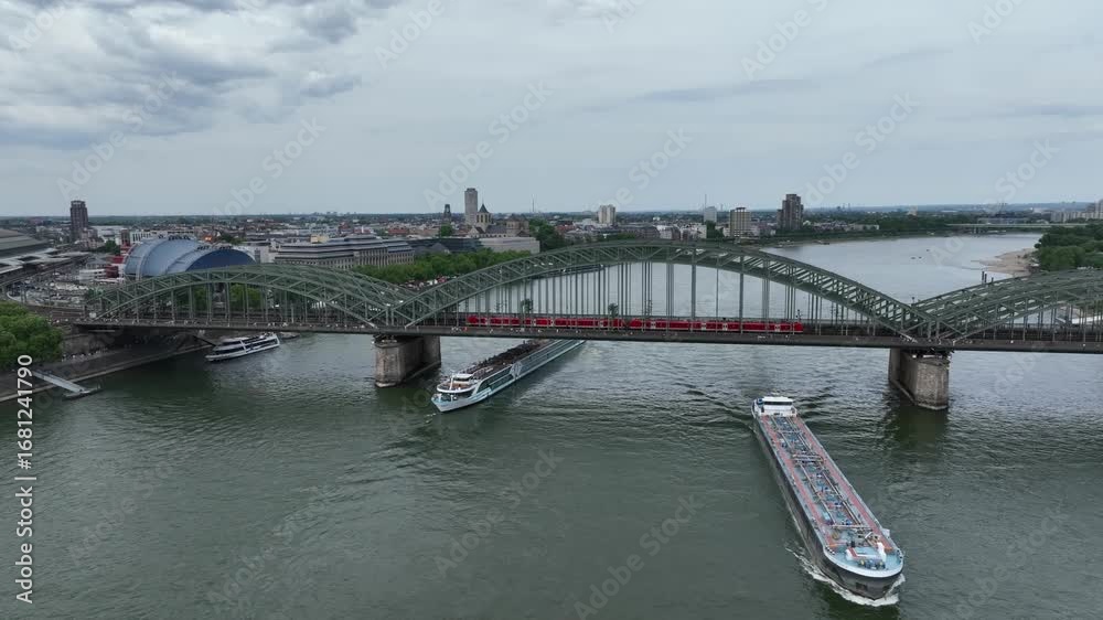 Cruise Ship Ferry Boat in Cologne City, Rhine River. Train Central ...